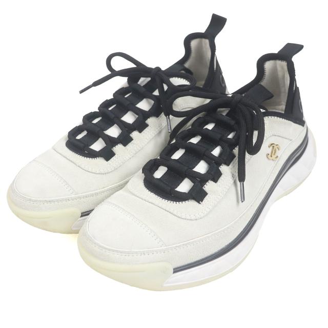 美品□CHANEL シャネル スウェードレザー ココマーク ゴールド金具 ローカットスニーカー ライトグレー 39 箱・保存袋付き イタリア製