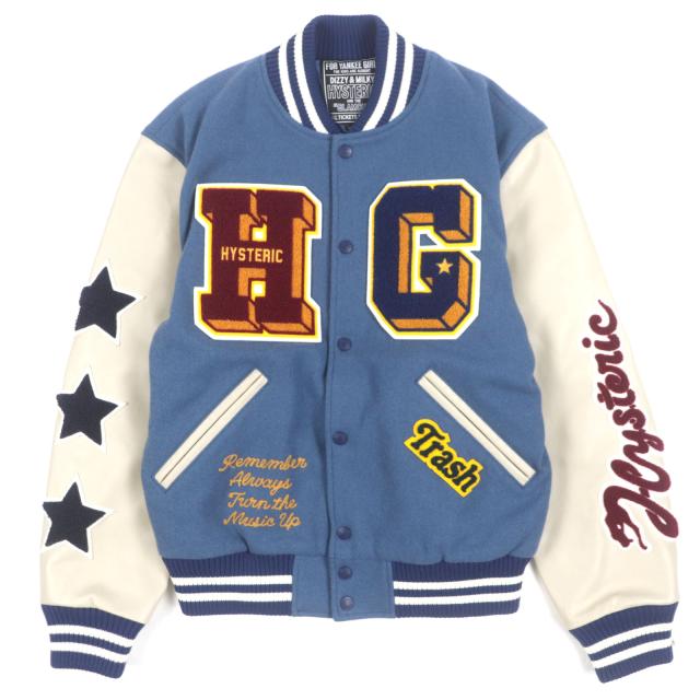 極美品▼HYSTERIC GLAMOUR ヒステリックグラマー 02243AB10 TURN THE MUSIC UP 刺繍 袖革 スタジアムジャケット スタジャン M 正規品