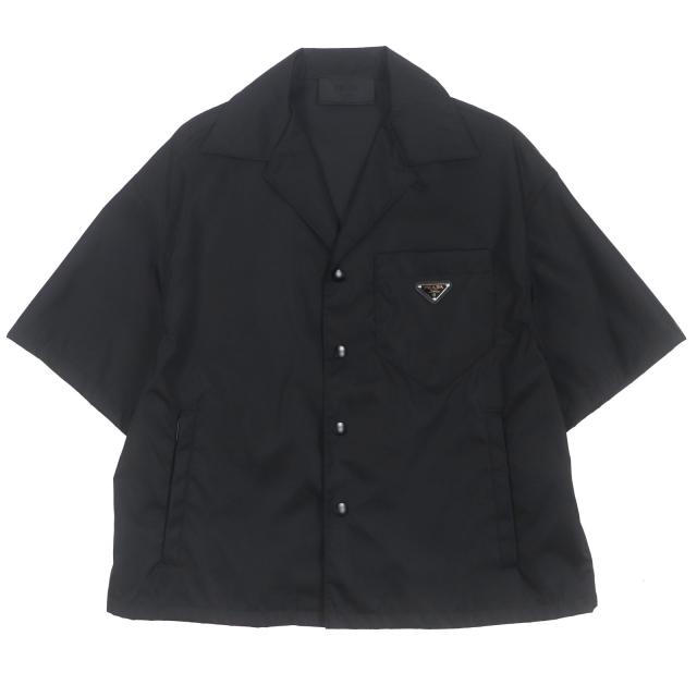 極美品▼PRADA プラダ 2023年製 SC449 Re-Nylon レザー使 トライアングルロゴ 三角プレート  オープンカラー 半袖シャツ S 正規品 メンズ