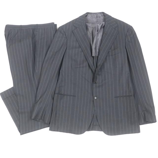 極美品▼ciccio チッチオ ビスポーク ストライプ柄 本切羽 シングルスーツ セットアップ グレー XLサイズ相当 ハンガー付 メンズ