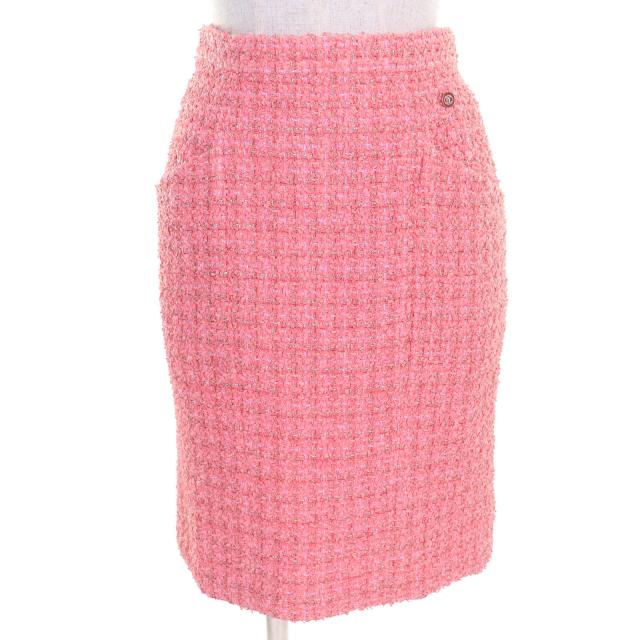 極美品△CHANEL シャネル P63188 ココマークワンポイント タイトスカート ツイードスカート ピンク ゴールド 36 仏製 正規品 レディース