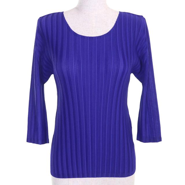 極美品△PLEATS PLEASE プリーツプリーズ イッセイミヤケ PP93-FK353 クルーネック 七分袖 トップス カットソー ブルー 3 日本製 正規品
