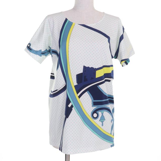 未使用品☆HERMES エルメス コットン100％ カットソー 半袖Ｔシャツ トップス ホワイト ブルー系 34 フランス製 正規品 レディース