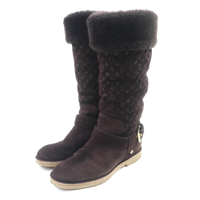 美品★LOUIS VUITTON ルイヴィトン モノグラム ベルトデザイン ムートンブーツ ショートブーツ ブラウン 35 保存袋付き レディース