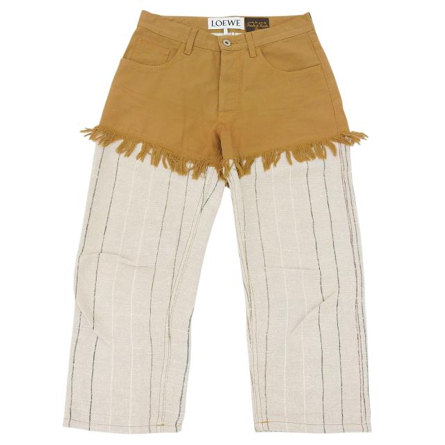 極美品▲LOEWE×Paulas Ibiza  ロエベ×パウラズイビザ S2292032IB ヘンプ リネン混 切替デザイン ロゴボタン付き パンツ 34 正規品 メンズ