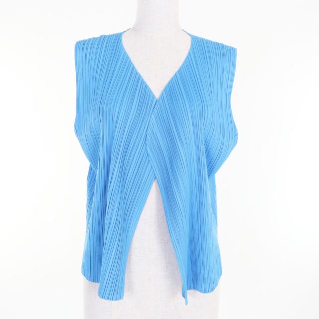 極美品▲PLEATS PLEASE プリーツプリーズ イッセイミヤケ PP51-JE621 フロントオープン ベスト ブルー 3 日本製 正規品 レディース