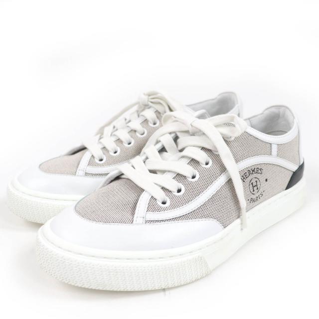 美品☆HERMES エルメス ゲット ロゴデザイン ファブリック レザー使い ローカットスニーカー ホワイト グレー 35 イタリア製 レディース