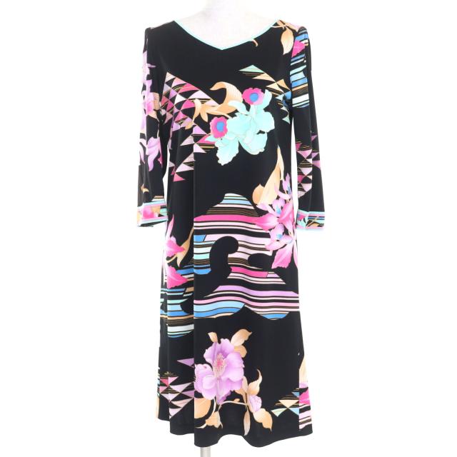 極美品◇LEONARD FASHION レオナール ファッション 花柄 Vネック ひざ丈 七分袖 ワンピース ブラック マルチ 2 日本製 正規品 レディース