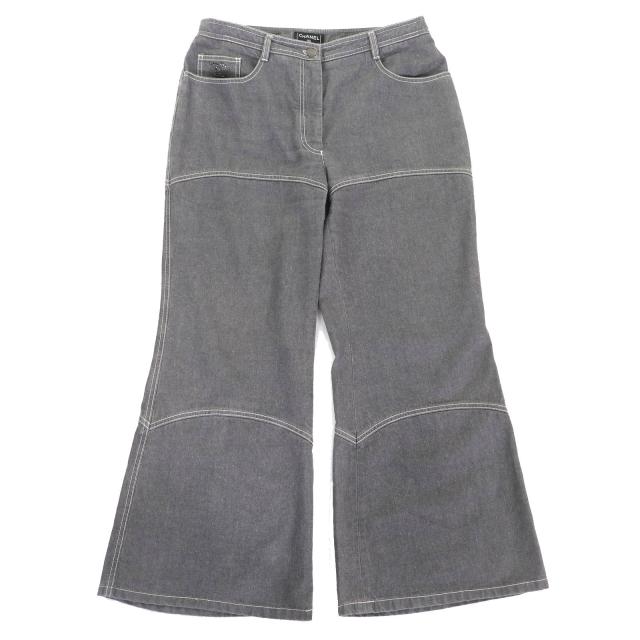 美品△CHANEL シャネル ヴィンテージ 01P P17693 コットン100％ ココマークラインストーン ココボタン デニムパンツ グレー 希少サイズ46