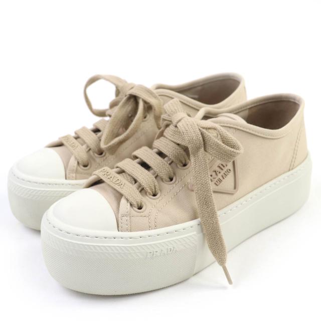 美品☆PRADA プラダ 1E407N トライアングルロゴ レースアップ ファブリック ローカットスニーカー ベージュ 35.5 定価159500円