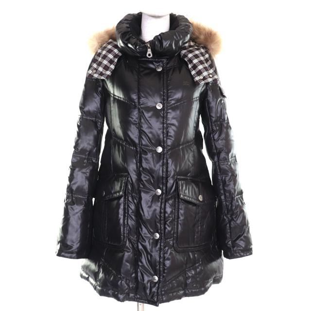 美品◇BURBERRY BLUE LABEL バーバリーブルーレーベル 裏地チェック ファー・ロゴボタン付 ダウンコート ダークブラウン 38 正規品