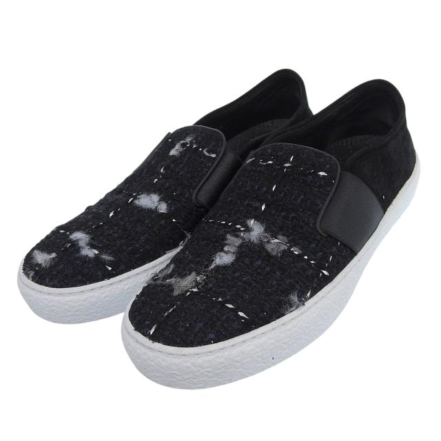 美品▲CHANEL シャネル G31713 ココマーク スウェードレザー使い ツイード切り替え スリッポン ブラック 38 イタリア製 レディース