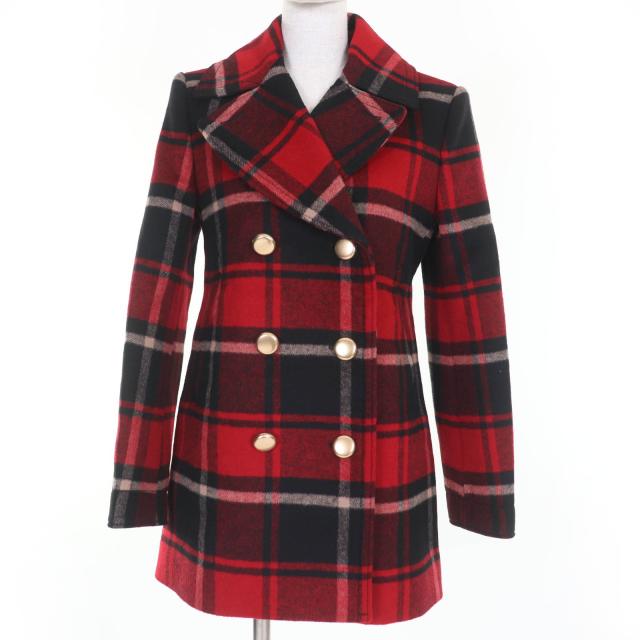 極美品☆COACH コーチ ウール チェック柄 メタルロゴボタン ロゴレザーパッチ ダブルブレスト コート レッド系 XS 正規品 レディース