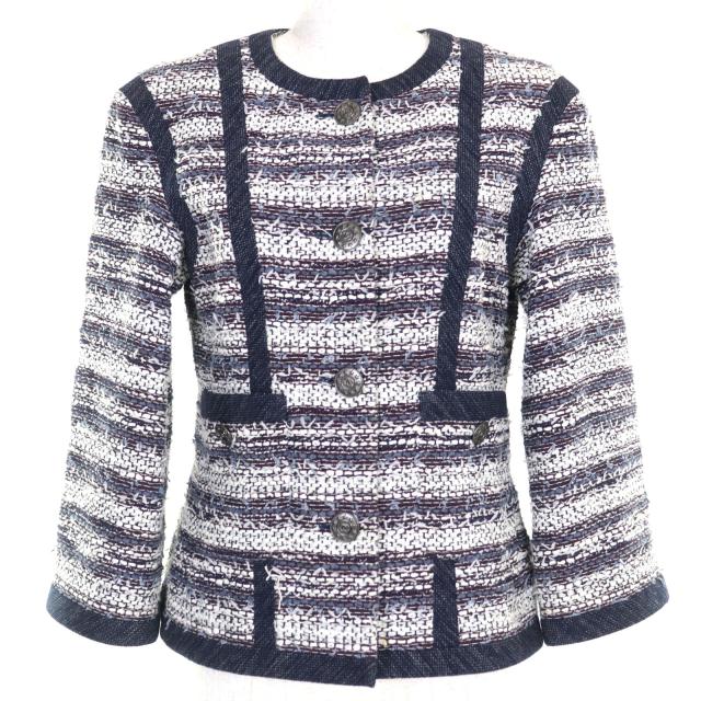 極美品◇CHANEL シャネル P45580V33648 コットン 裏地シルク100％ ココマークダラスボタン付き ツイード ノーカラージャケット 40 仏製