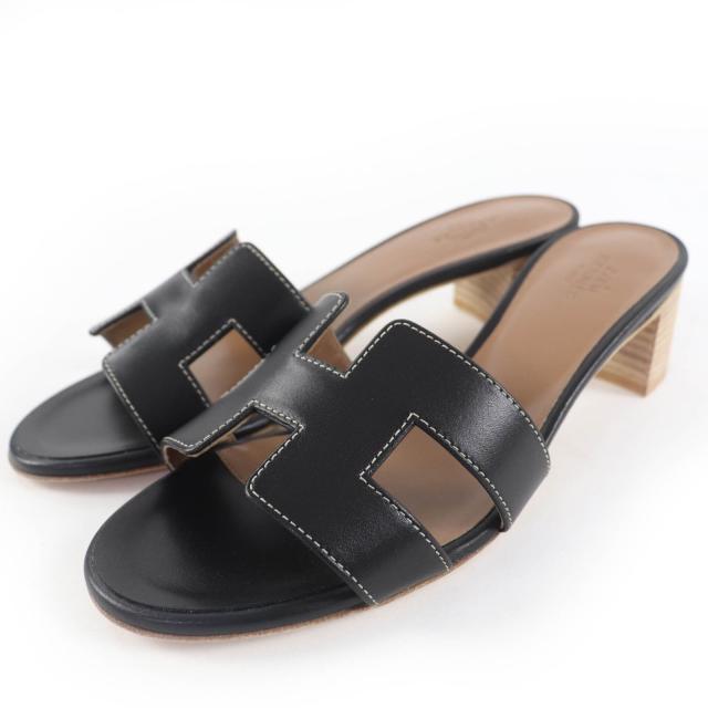 未使用品☆HERMES エルメス オアジス Hロゴ レザー ミュール サンダル ブラック 37 箱付き イタリア製 レディース