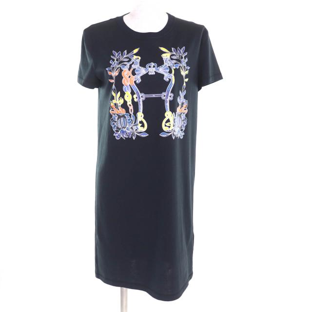 未使用品★HERMES エルメス 24SS 4E4530DA Della Cavalleria コットン100％ クルーネック 半袖 Tシャツ ワンピース ネイビー 36 正規品