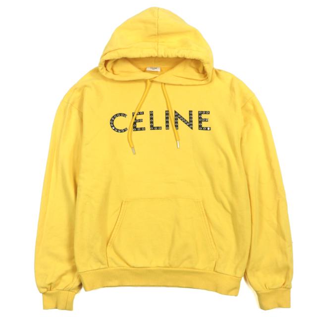 【ドンドン見直し】美品▼CELINE セリーヌ 2Y695670Q コットン100% ロゴプリント スタッズ プルオーバー パーカー イエロー M イタリア製 正規品 メンズ