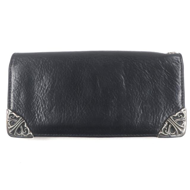 良品▼CHROME HEARTS クロムハーツ LNG SNGL FLD TIPS シングルフォールド 925 スクロールラベル レザーウォレット 二つ折り長財布 黒