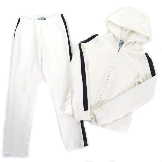美品◇PRADA プラダ 138468 R142 D8R ラバーロゴ サイドライン ジップアップパーカー スウェットパンツ セットアップ ホワイト XS 正規品