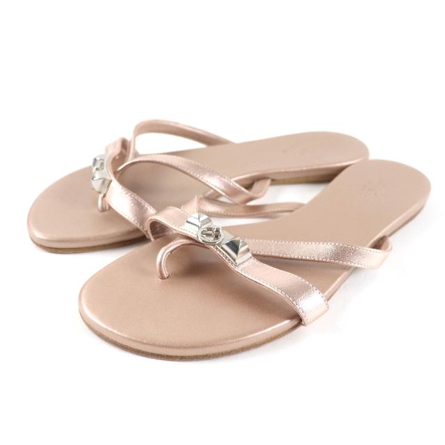 美品★HERMES エルメス メドール レザー トングサンダル フラットサンダル メタルピンク 36.5 スペイン製 レディース