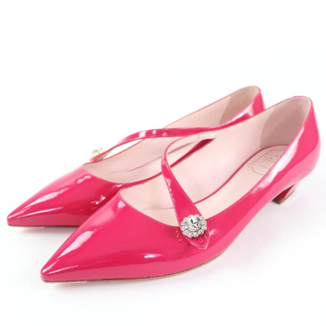 未使用品☆ROGER VIVIER ロジェヴィヴィエ JEWEL BUTTON BALL25 パテントレザー ビジュー付 パンプス ピンク 38.5 イタリア製 レディース