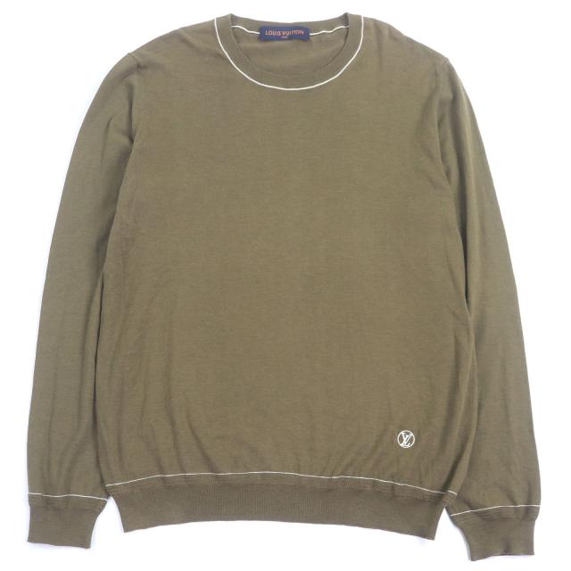 美品□LOUIS VUITTON ルイヴィトン シルク カシミヤ混  LVサークルロゴ刺繍 薄手 長袖ニット セーター カーキ L イタリア製 正規品