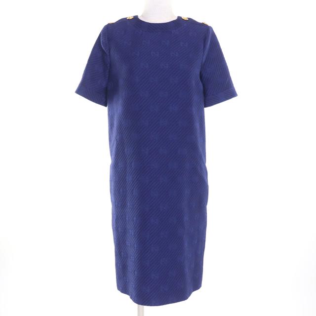 極美品★GUCCI グッチ 610872 シルク混 GG柄 イカリボタン付 バックデザイン 半袖 ワンピース ネイビー 36 イタリア製 正規品 レディース