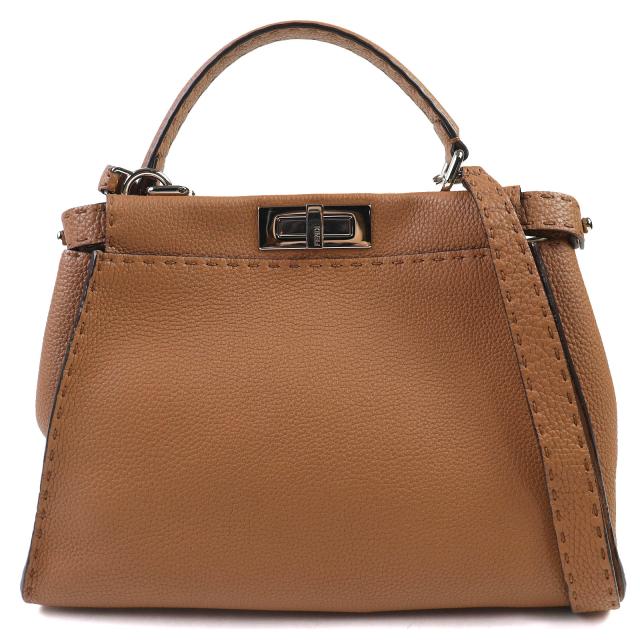 極美品△FENDI フェンディ 8BN290 PEEKABOO ピーカブー レギュラー レザー 2WAY ハンドバッグ ショルダーバッグ ブラウン イタリア製