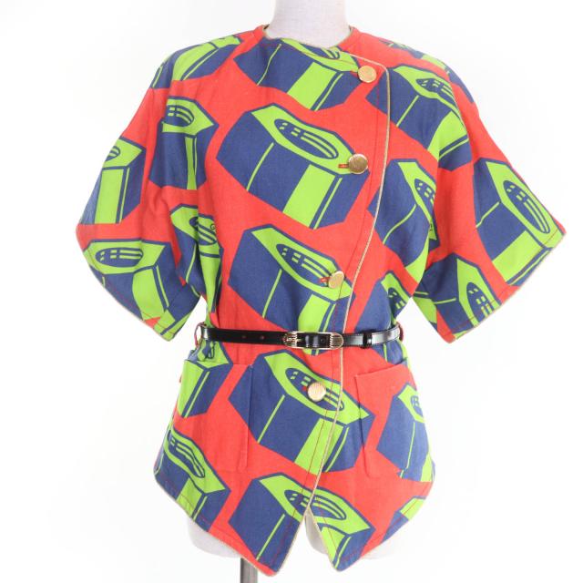 未使用品☆GUCCI グッチ 23SS 746401 リネン100％ ナットプリント ベルト付 ジャケット マルチ 36 ハンガー付 伊製 正規品 レディース