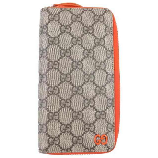美品△GUCCI グッチ 822051 GGキャンバス レザー使い ラウンドジップウォレット 長財布 現行品 ベージュ オレンジ 箱・保存袋付き 伊製