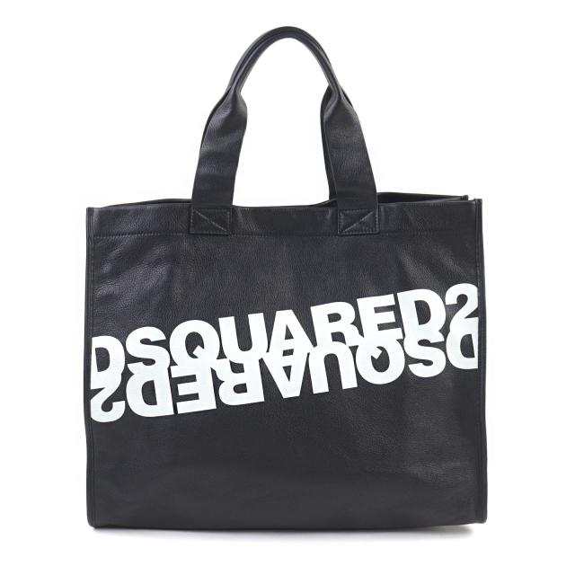 極美品○DSQUARED2 ディースクエアード レザー ロゴプリント ポーチ付き トートバッグ ブラック ホワイト イタリア製 メンズおすすめ