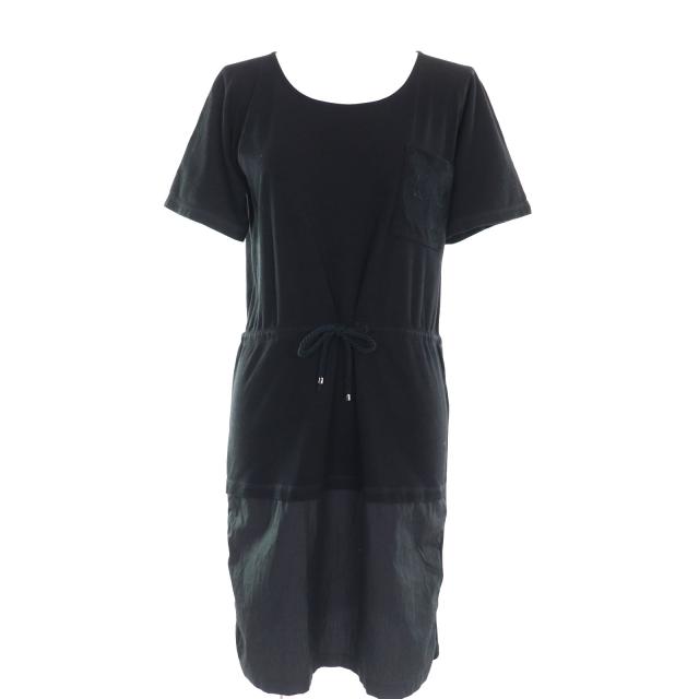 美品◇HERMES エルメス bouclerie d’ attelage コットン100％ 胸ポケット刺繍 ドローストリング ワンピース 黒 34 フランス製 正規品