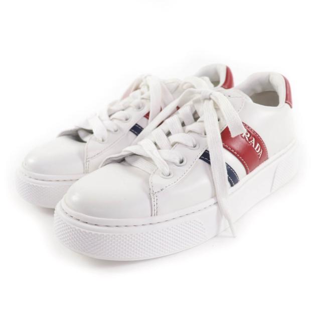 【ドンドン見直し】良品★PRADA プラダ 1E802M ロゴデザイン レースアップ レザー スニーカー シューズ ホワイト 37 レディース
