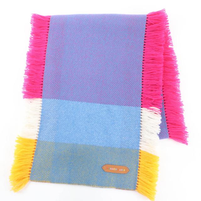 極美品☆HERMES エルメス カシミヤ100％ ロゴレザーパッチ・サイドフリンジ付 ニット ストール マフラー マルチカラー レディース