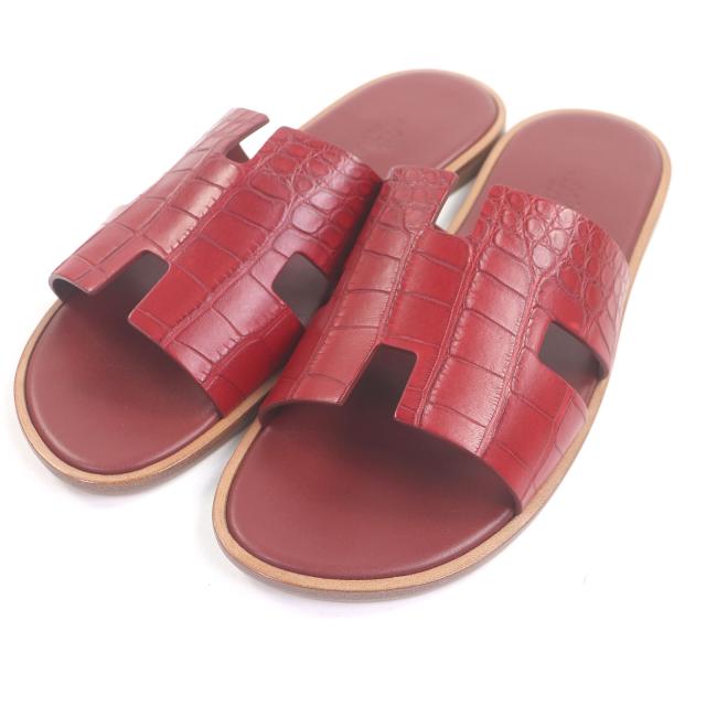 未使用品□HERMES エルメス イズミール クロコダイルレザー Hロゴ 2023年購入 シャワーサンダル スライドサンダル レッド 42 イタリア製