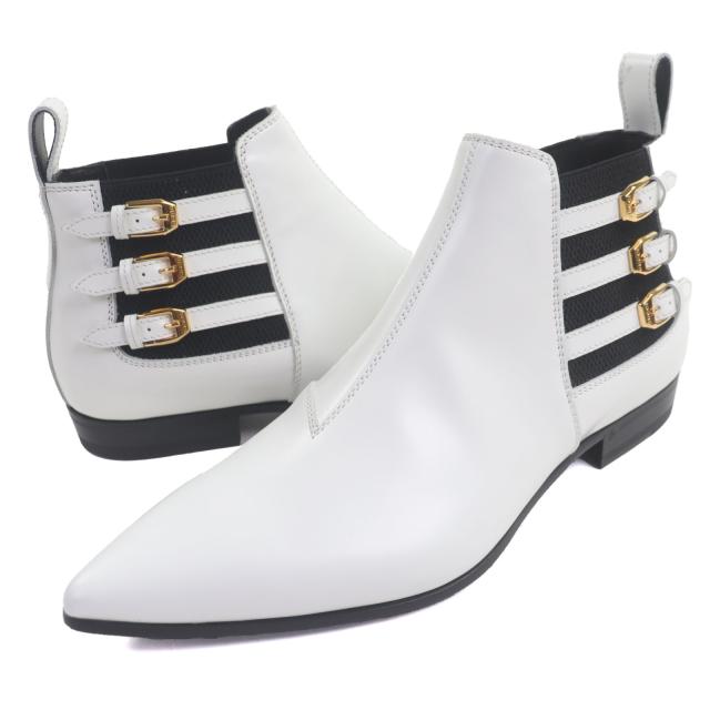 未使用品▼GUCCI グッチ 596918 レザー ベルトデザイン サイドゴア チェルシーブーツ ショートブーツ ホワイト 7.5 箱・保存袋付 メンズ