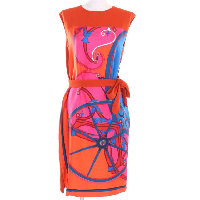 極美品◇HERMES エルメス ウール100％ シルク切替 ツイルレーヌ 総柄 ベルト付 ノースリーブ ワンピース オレンジ マルチ 36 イタリア製