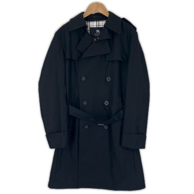 美品▲BURBERRY BLACK LABEL バーバリーブラックレーベル コットン100％ 裏地チェック ロゴボタン トレンチコート 黒 M 日本製 正規品