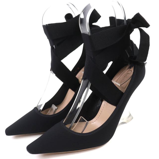 美品△Christian Dior クリスチャンディオール ディオール エトワール グログランリボン ロゴ ウェッジソール クリアヒール 黒 36.5 箱付