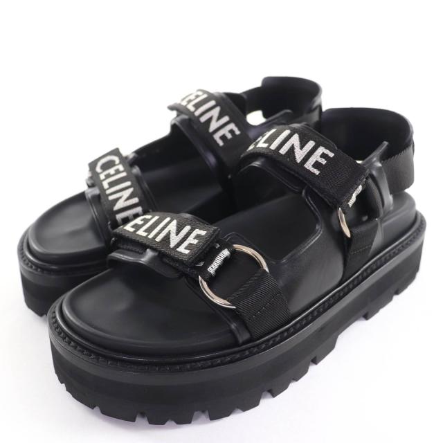美品☆CELINE セリーヌ 345583620C バルキー ロゴデザイン ベルクロ レザー サンダル ブラック 37.5 箱付き イタリア製 レディース