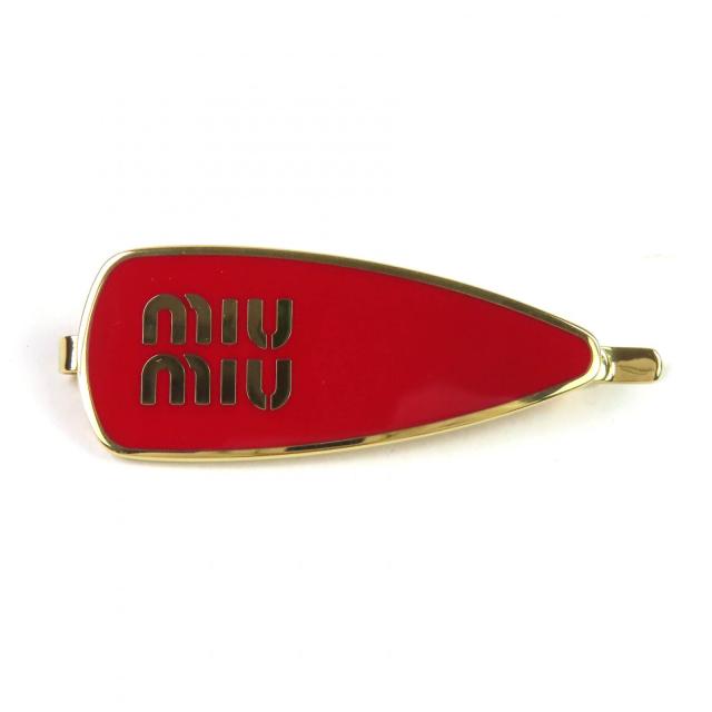 極美品△MIUMIU ミュウミュウ 5IF147 エナメルメタル ヘアクリップ ロゴ ヘアピン ヘアアクセサリー 現行品 レッド ゴールド 箱・袋付き