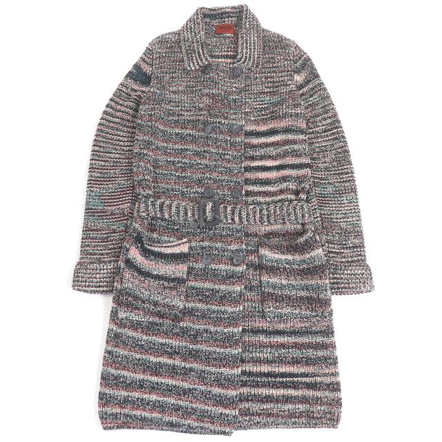 極美品□Missoni ミッソーニ ウール100％ ベルテッド ニットコート ロングカーディガン マルチカラー 42 イタリア製 正規品 メンズ