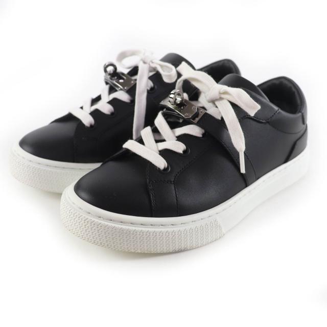 極美品★HERMES エルメス デイ シルバー金具 ケリーバックル レースアップ レザー スニーカー ブラック 35 箱・保存袋付き イタリア製