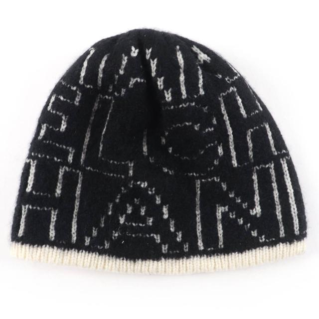 美品☆CHANEL シャネル 21K カシミヤ シルク混 ロゴ総柄デザイン ビーニー ニットキャップ ブラック ホワイト 正規品 レディース