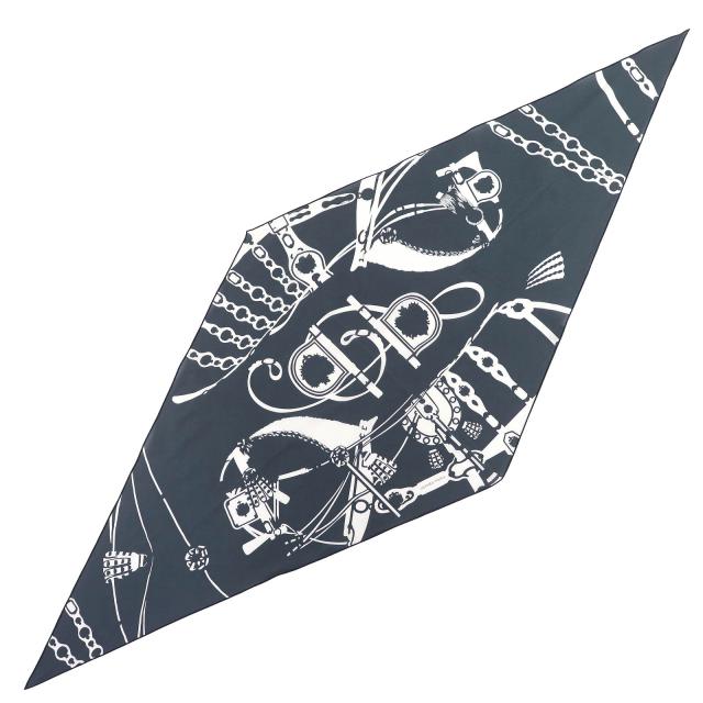 極美品△HERMES エルメス ロザンジュ 宮廷の馬具 コットン100％ オラージュ/黒/白 ひし形 現行品 スカーフ フランス製 箱付 定価110000円