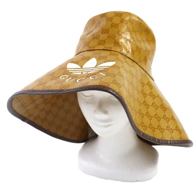 未使用品△GUCCI×adidas グッチ×アディダス 22AW 703821 トレフォイル GG柄 ワイドブリムバケットハット 帽子 キャメル L 58cm 正規品