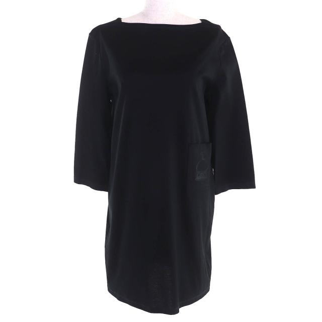 極美品△HERMES エルメス コットン100％ 刺繍ポケット ボートネック チュニック ワンピース ブラック 36 フランス製 正規品 レディース