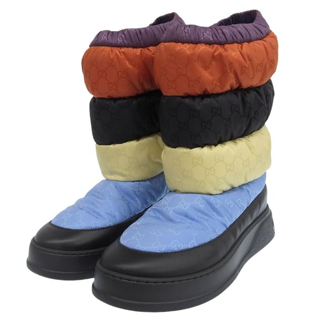 未使用品▲GUCCI グッチ ロゴデザイン GGナイロン レザー使い キルティング スノー ブーツ マルチ 7.5 箱・保存袋付き イタリア製 メンズ