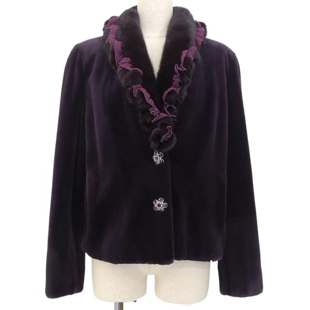 極美品▲KOPENHAGENFUR コペンハーゲンファー プラチナムファー ミンク MINK ビジューボタン 本毛皮 ジャケット パープル 44 レディース