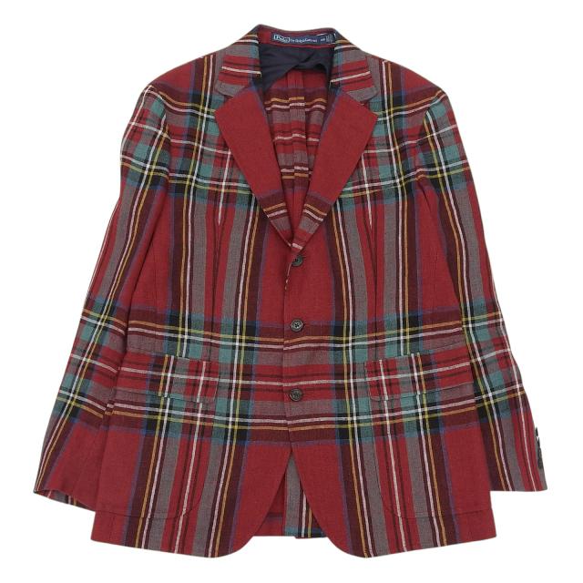 極美品▲POLO RALPH LAUREN ポロ・ラルフローレン リネン100％ チェック柄 テーラードジャケット レッド 40R ポルトガル製 正規品 メンズ